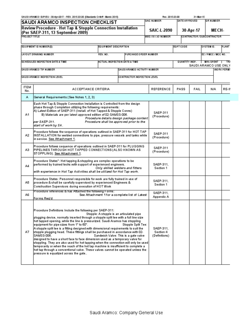 Saudi Aramco Inspection Checklist | PDF | Pipe (Fluid Conveyance) | Tap ...