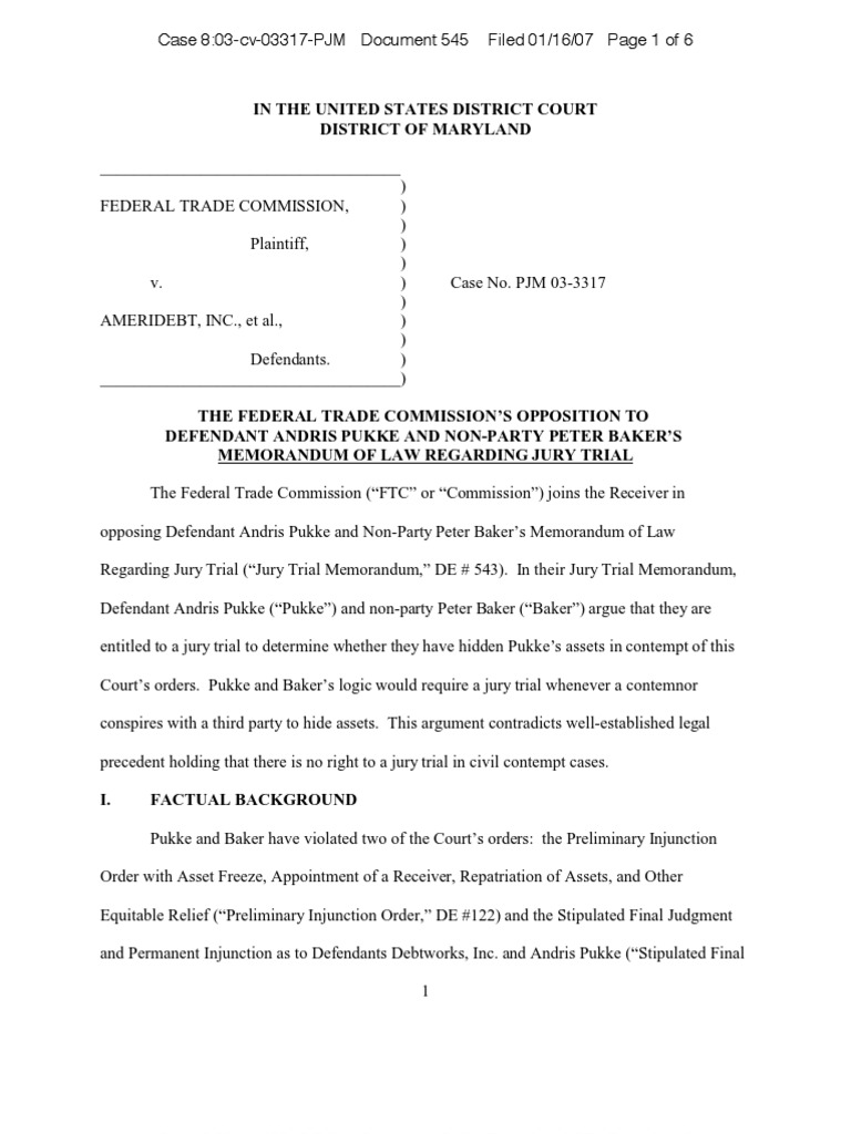 Andris Pukke FTC Pre-Trial Filing | PDF | Contempt Of Court | Receivership