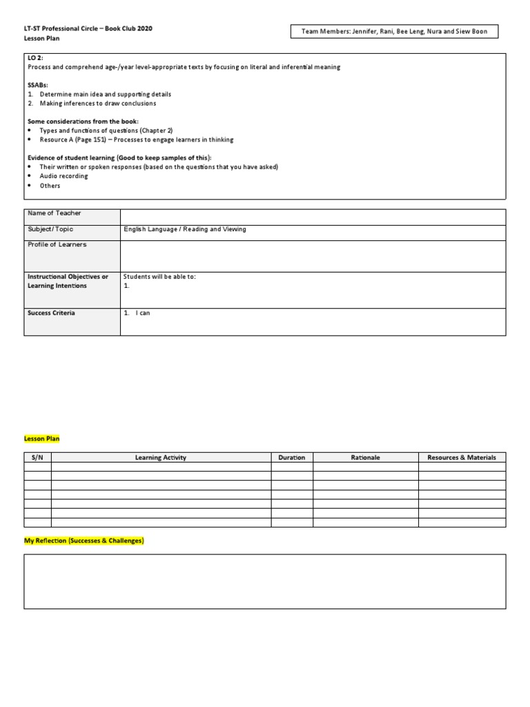 LT-ST Professional Circle - Book Club 2020 Lesson Plan LO 2 | PDF ...