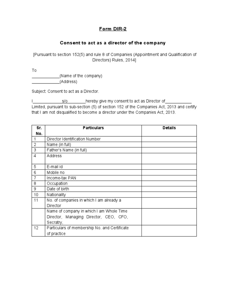 Form DIR-2 Consent To Act As A Director of The Company: Sr. No ...