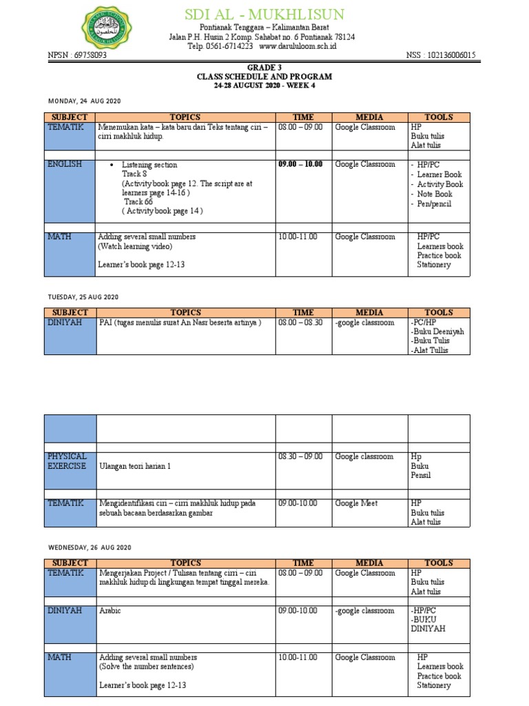 Grade 3 Class Schedule and Program: MONDAY, 24 AUG 2020 | PDF ...