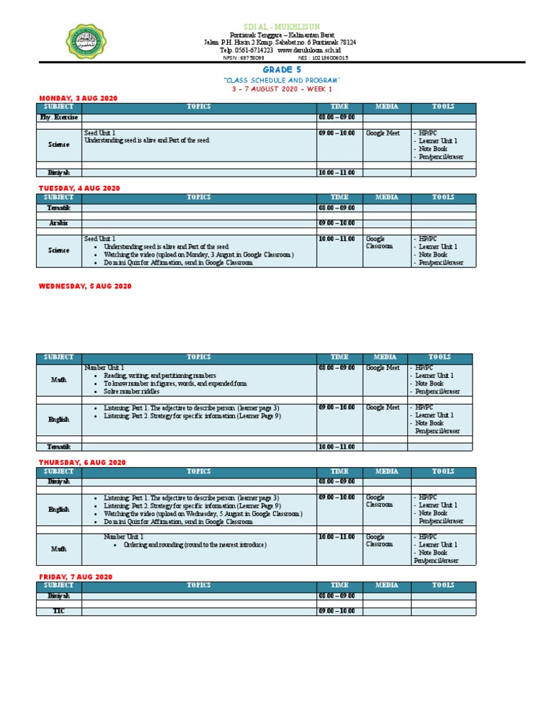 Jadwal Kelas 5 August 2020 Week 1 | PDF | Behavior Modification | Communication