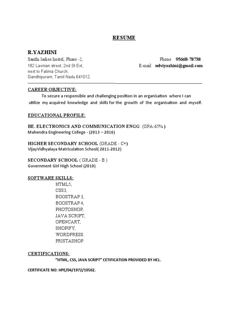 Resume R.Yazhini: Career Objective | PDF | Computers