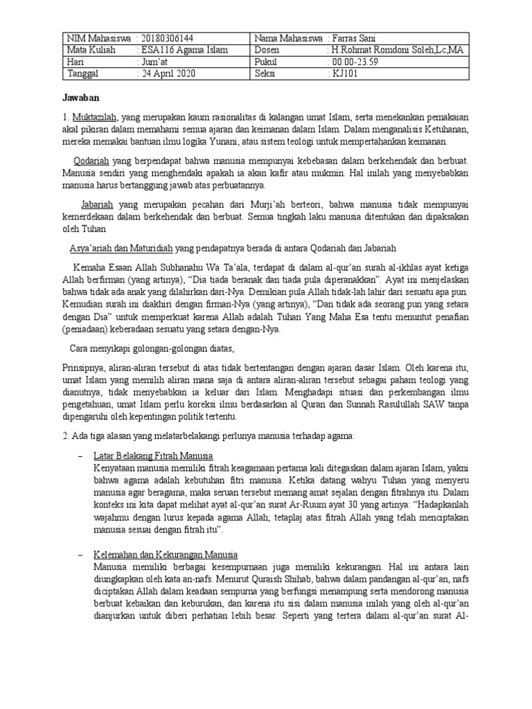 Draft Jawaban Uts Agama Islam | PDF