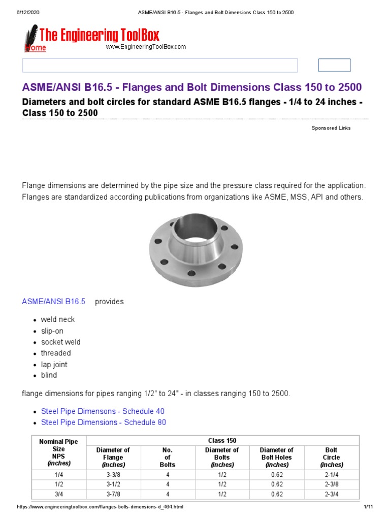 ASME - ANSI B16.5 - Flanges and Bolt Dimensions Class 150 To 2500 | PDF ...