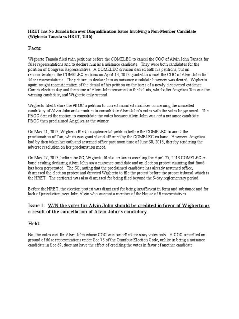 Wigberto Tanada Vs HRET | PDF | Voting | Political Events