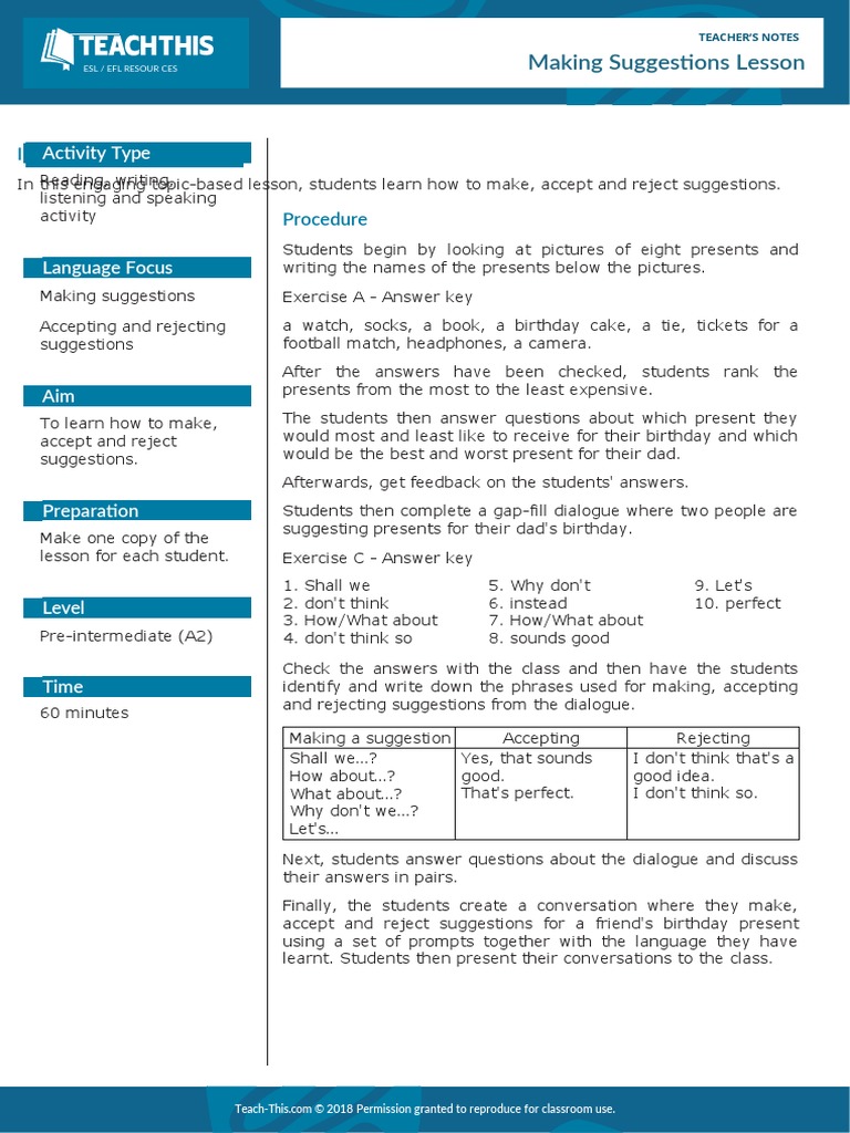 Making Suggestions Lesson: Activity Type | Download Free PDF | English ...