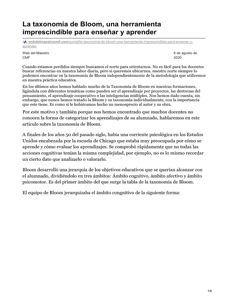 La Taxonomía de Bloom Una Herramienta Imprescindible para Enseñar y Aprender | PDF | Taxonomía ...