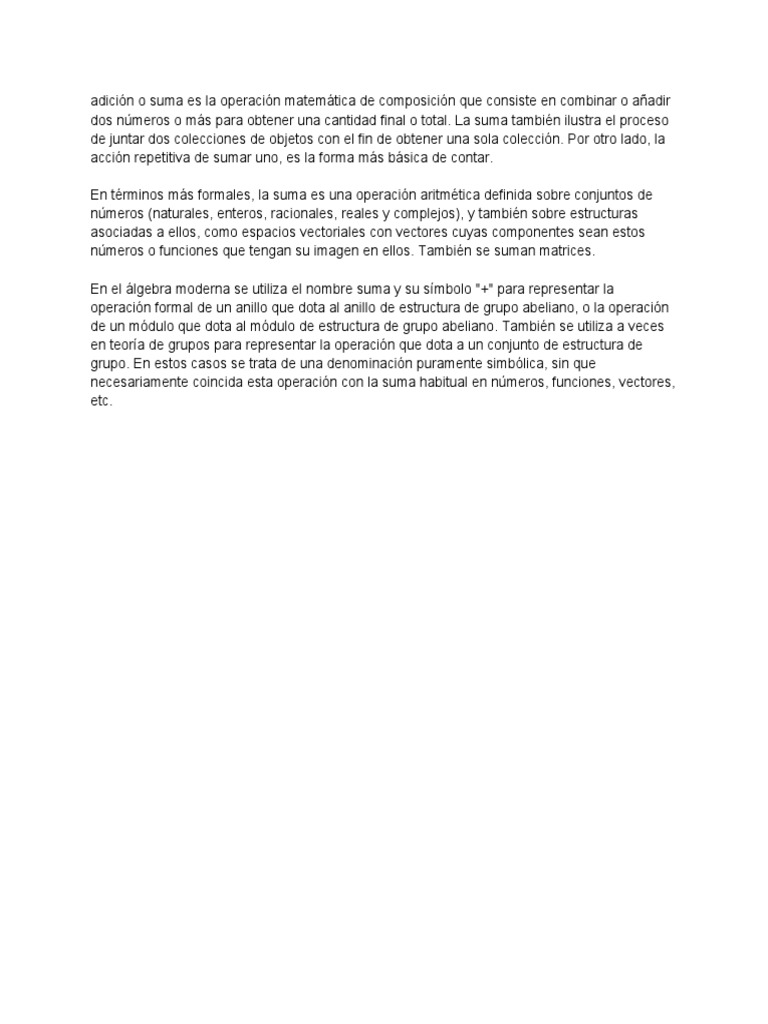 adición o suma es la operación matemática de composición que consiste ...