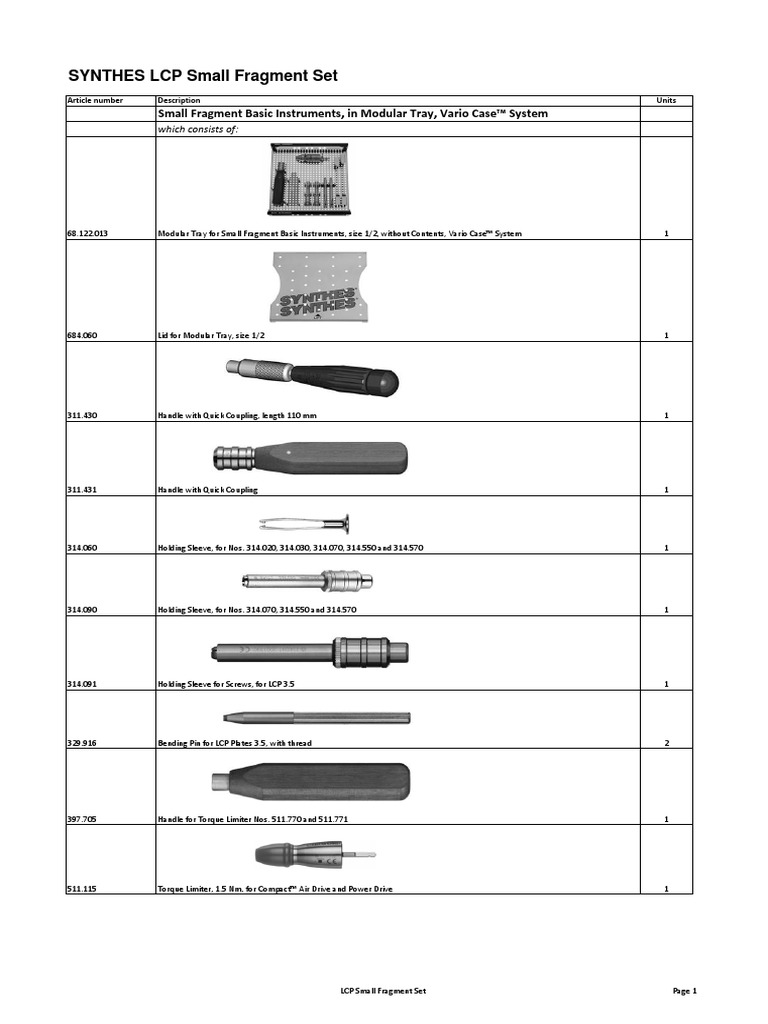 SYNTHES LCP Small Fragment Instrument Set | PDF | Drill | Industrial ...