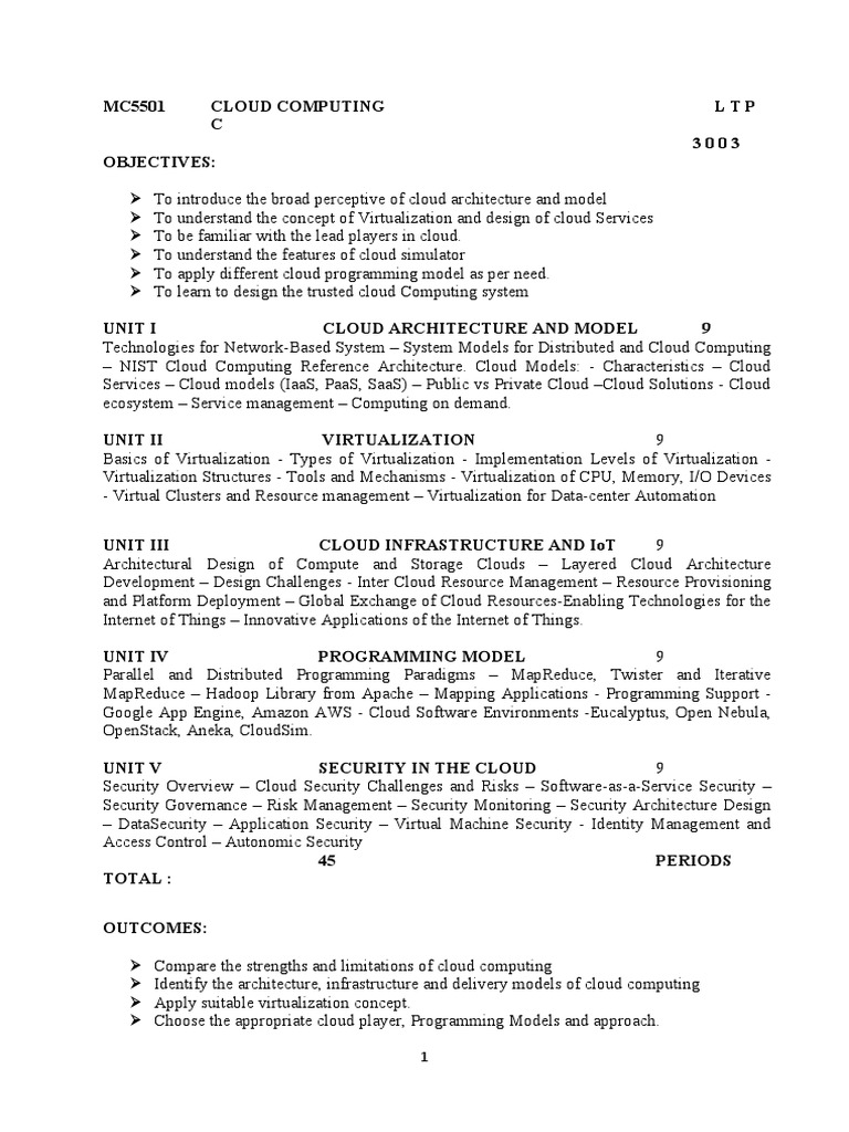 MC5501 Cloud Computing Syllabus | PDF | Cloud Computing | Software Architecture