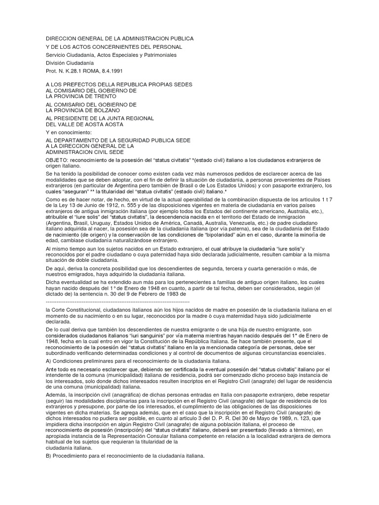 Circolare K28 - 1 - 1991 - ESPAÑOL | PDF | Ciudadanía | Virtud