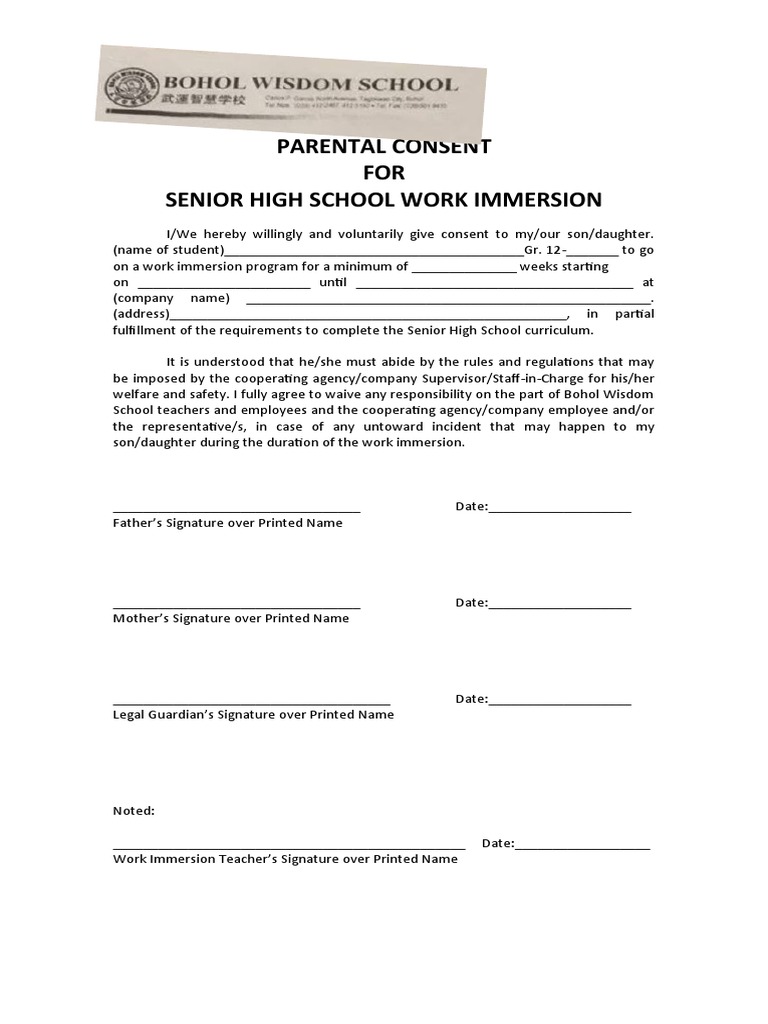 Parental Consent for Work Immersion | PDF | Career & Growth