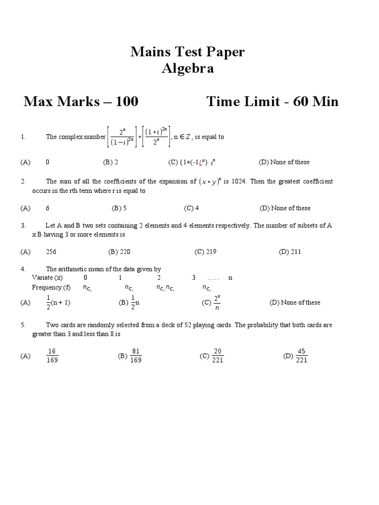 Mains Test Paper Algebra Max Marks - 100 Time Limit - 60 Min | PDF ...