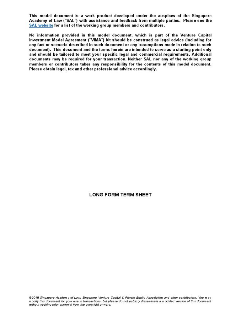 VIMA - Model Long Form Term Sheet | PDF | Consolidation (Business) | Stocks