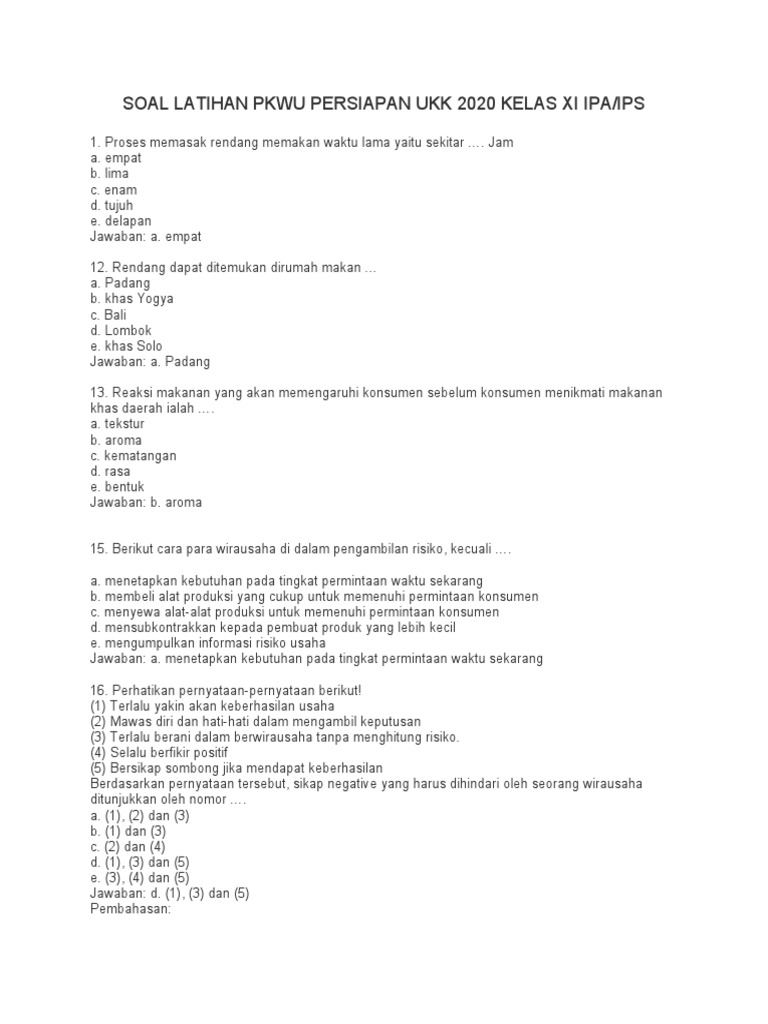 Soal Latihan Pkwu KLS Xi 2020 | PDF