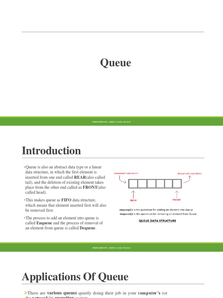 Queue: Prepared By: Abdul Jalil Niazai | PDF | Queue (Abstract Data Type) | Applied Mathematics