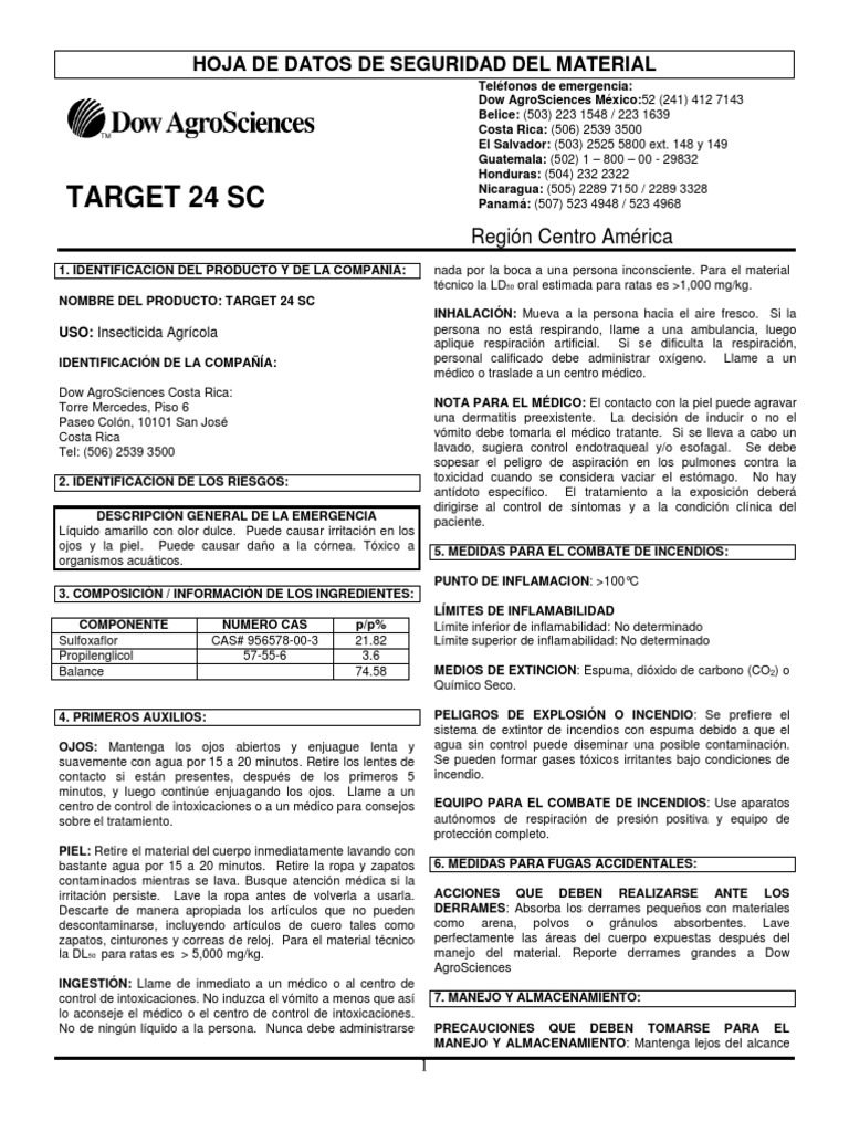Hoja de Seguridad Target 24 SC | PDF | Agua | Centroamérica