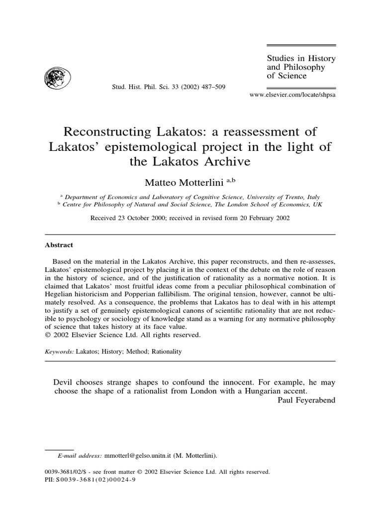 Reconstructing Lakatos: A Reassessment of Lakatos' Epistemological ...