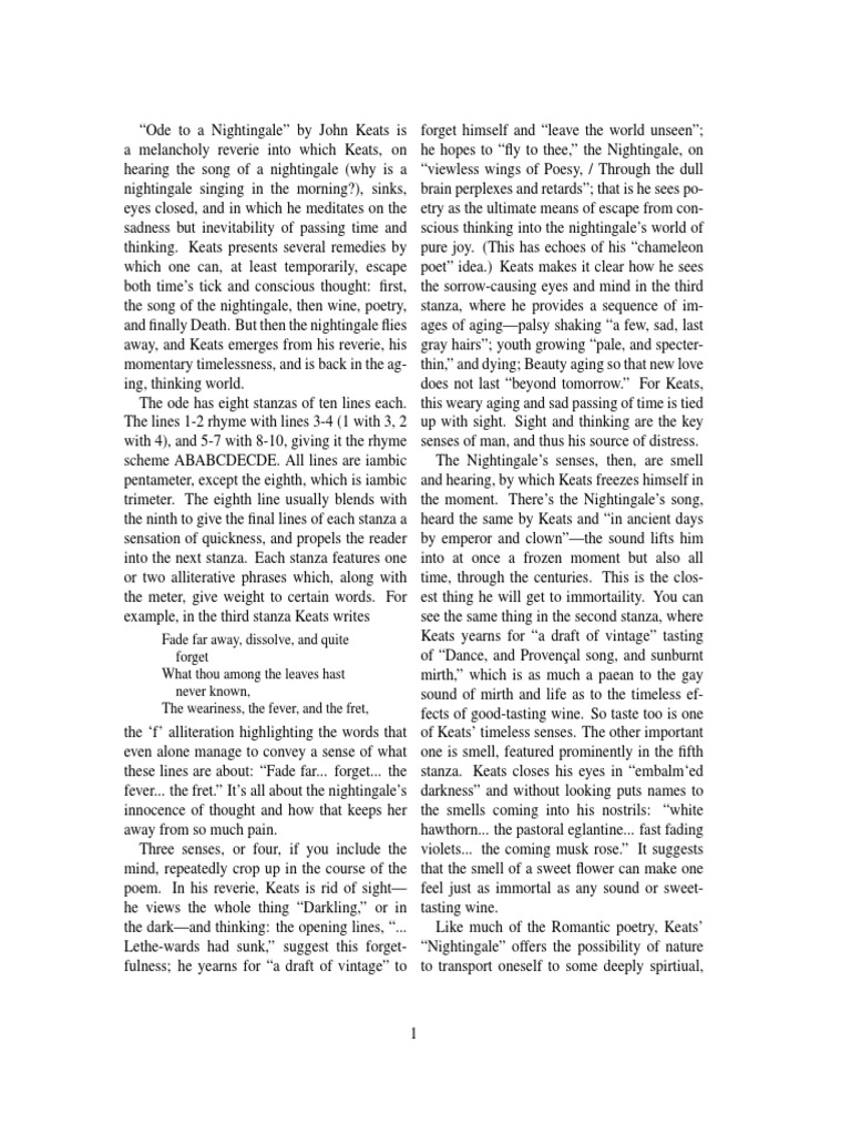 Keats' "Ode to a Nightingale" Analysis | PDF | John Keats | Poetic Form