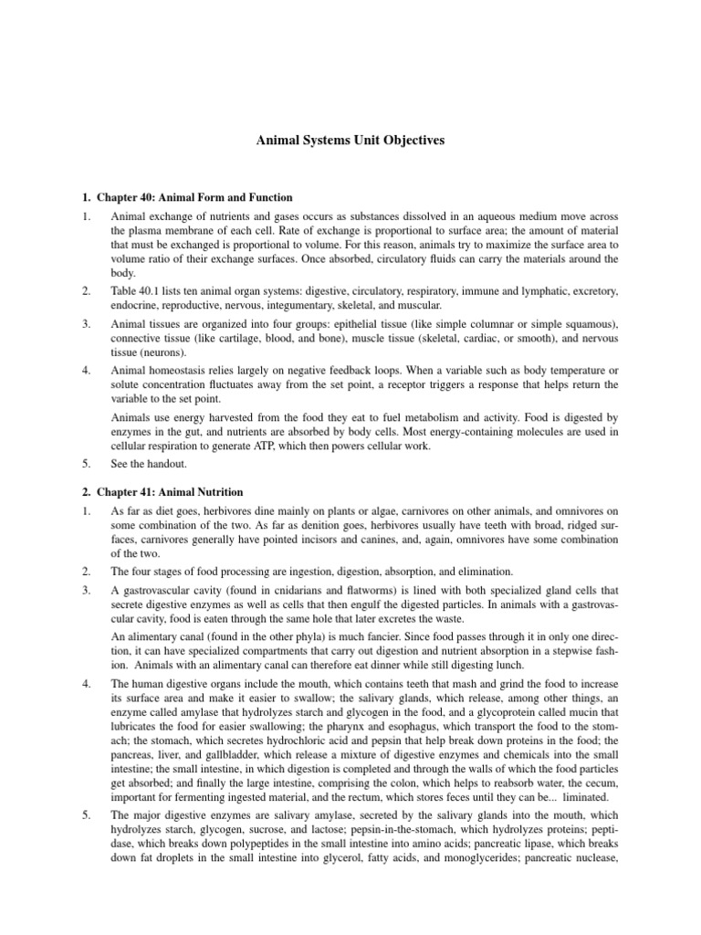 Animal Systems Unit Objectives | PDF | Digestion | Circulatory System