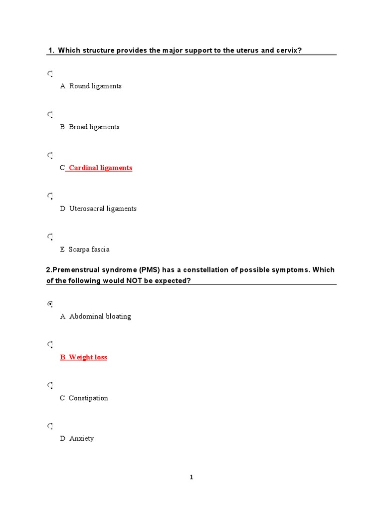 A Round Ligaments: 1. Which Structure Provides The Major Support To The ...