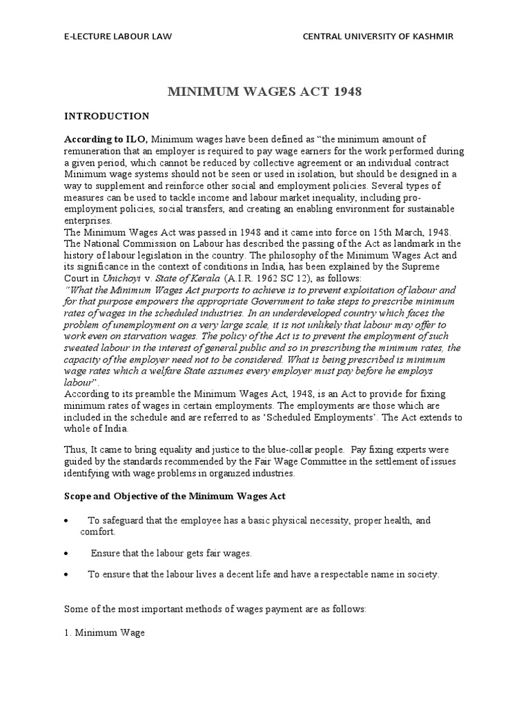 Minimum Wages Act 1948: According To ILO, Minimum Wages Have Been Defined As "The Minimum Amount ...