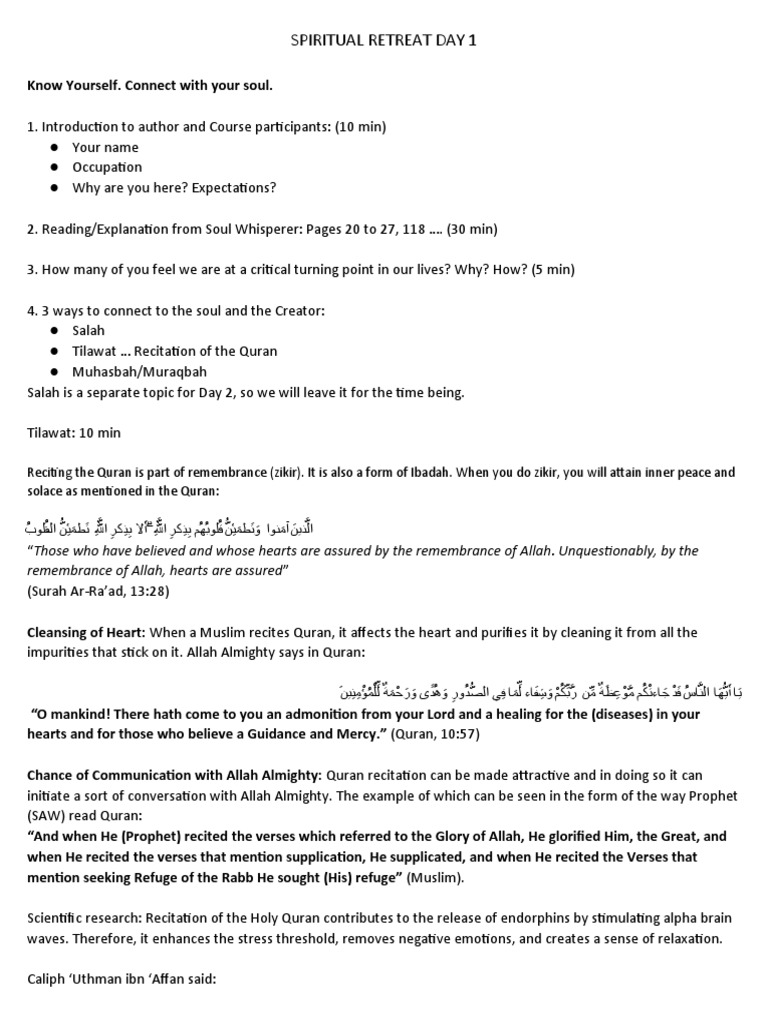 Spiritual Retreat Day 1 | PDF | Quran | Islam