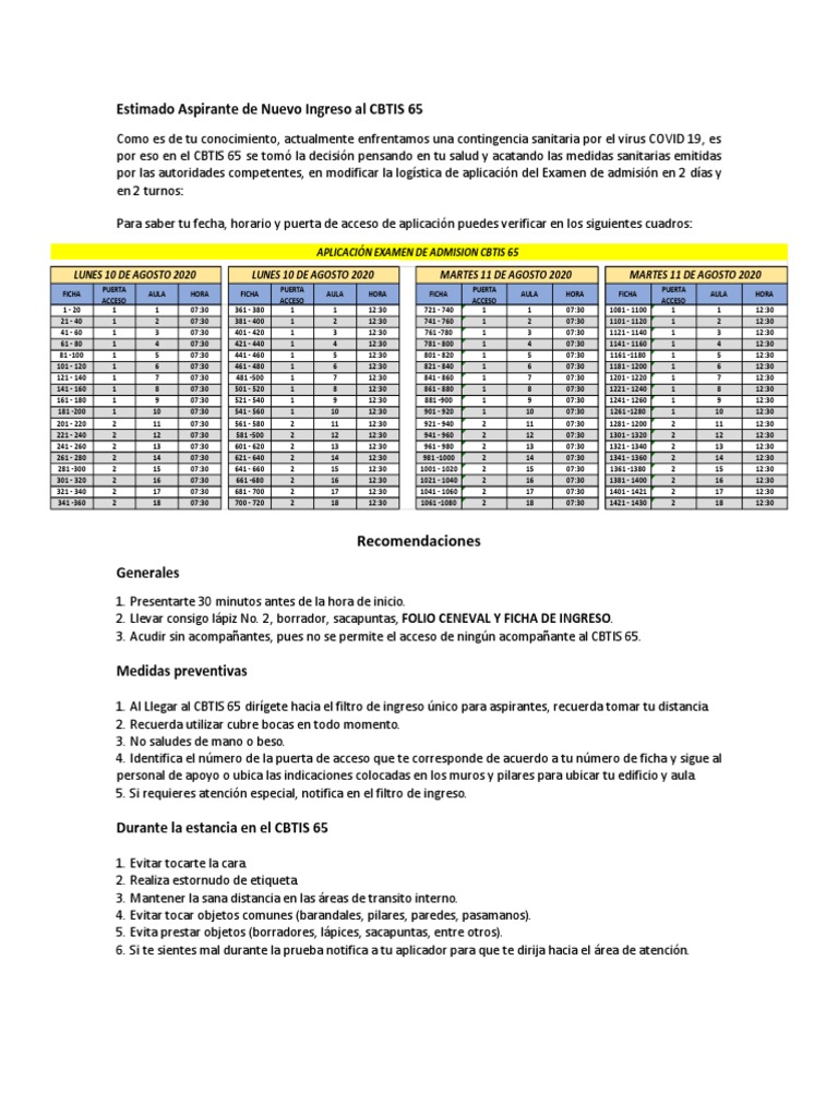 Examen de Admisión CBTIS 65 2025 | PDF | Grafito | Implementos de escritura