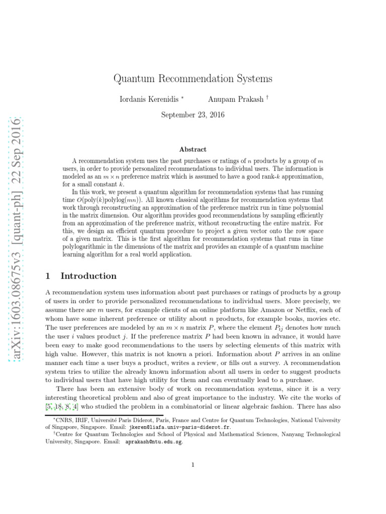 Quantum Recommendation Systems: Iordanis Kerenidis Anupam Prakash September 23, 2016 | PDF ...