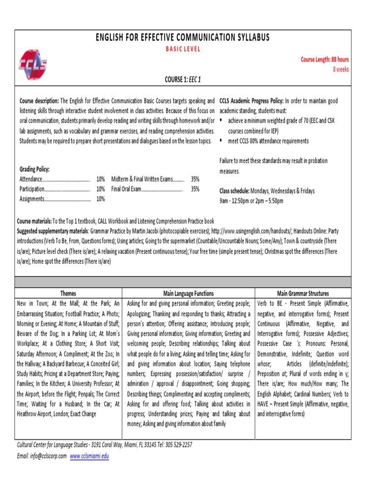 English For Effective Communication Syllabus: Course 1: Eec 1 | PDF ...