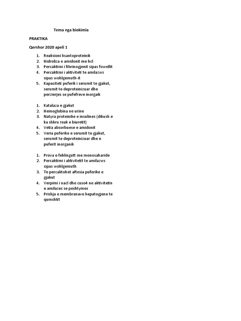 Tema Nga Biokimia Praktika Qershor 2020 Apeli 1 | PDF