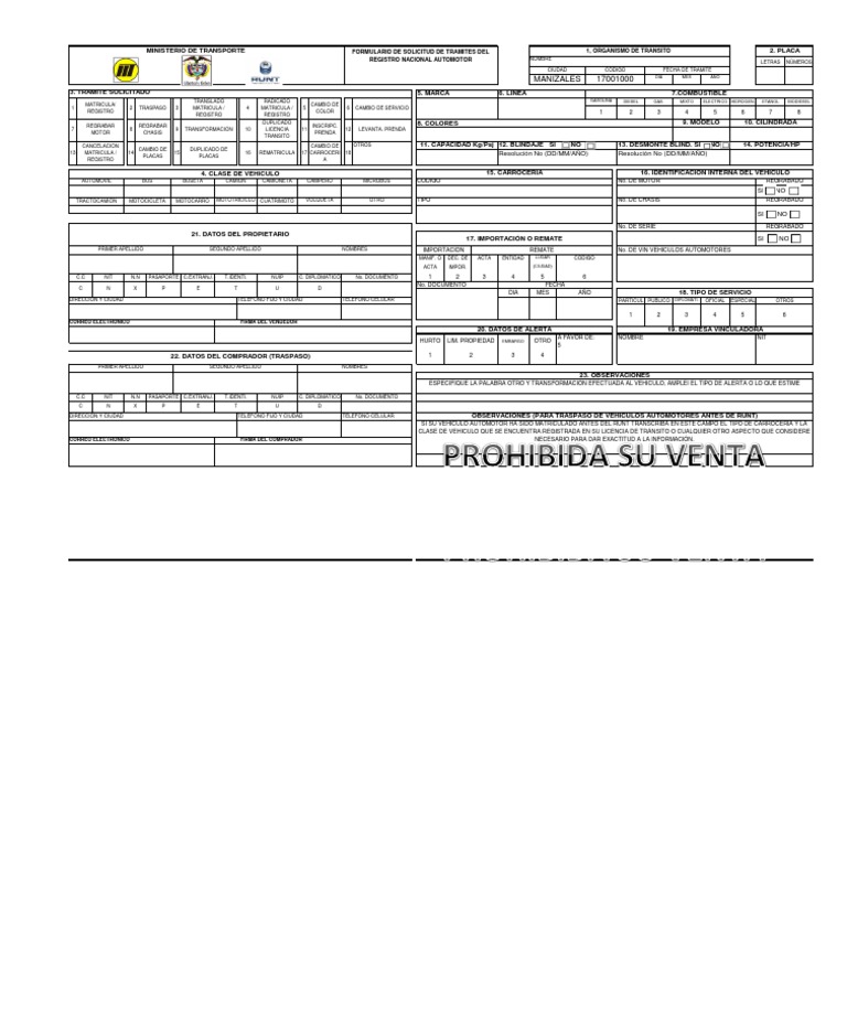 Manizales: 1, Organismo de Tránsito Formulario de Solicitud de Tramites ...