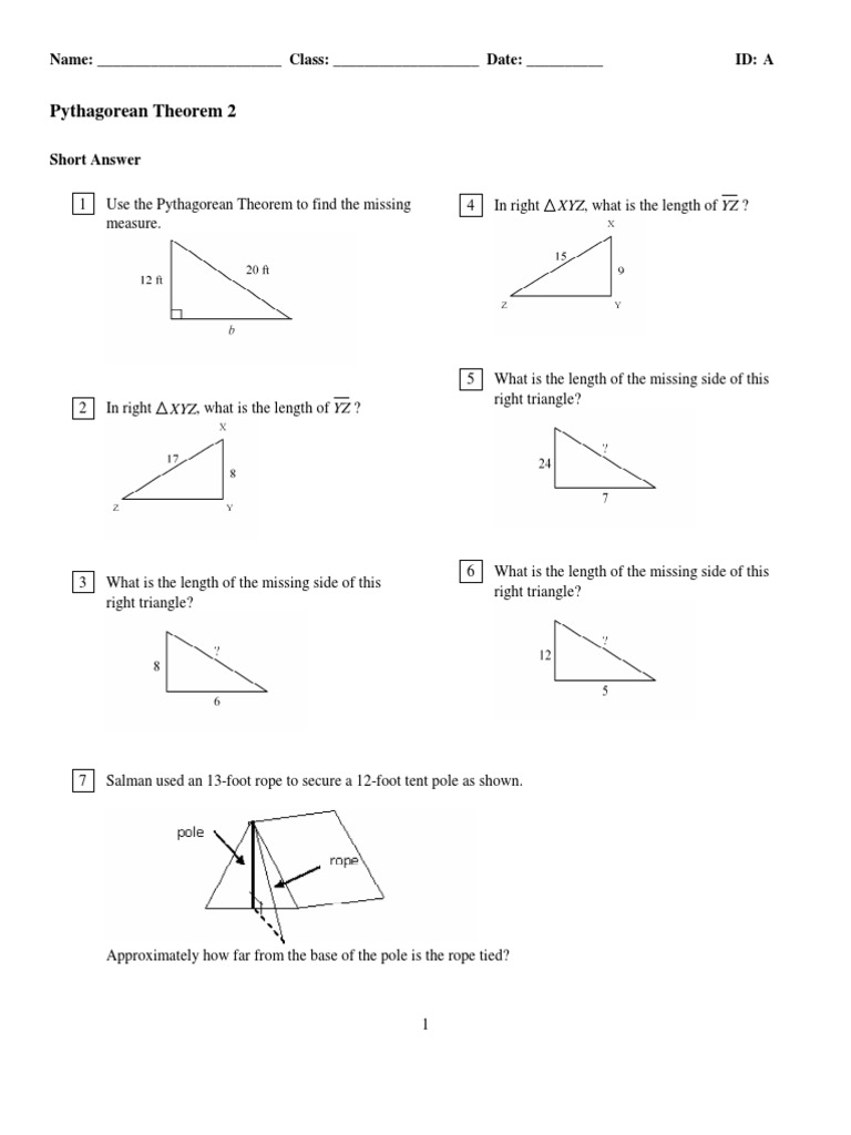 Pythagorean Theorem Exercises | PDF