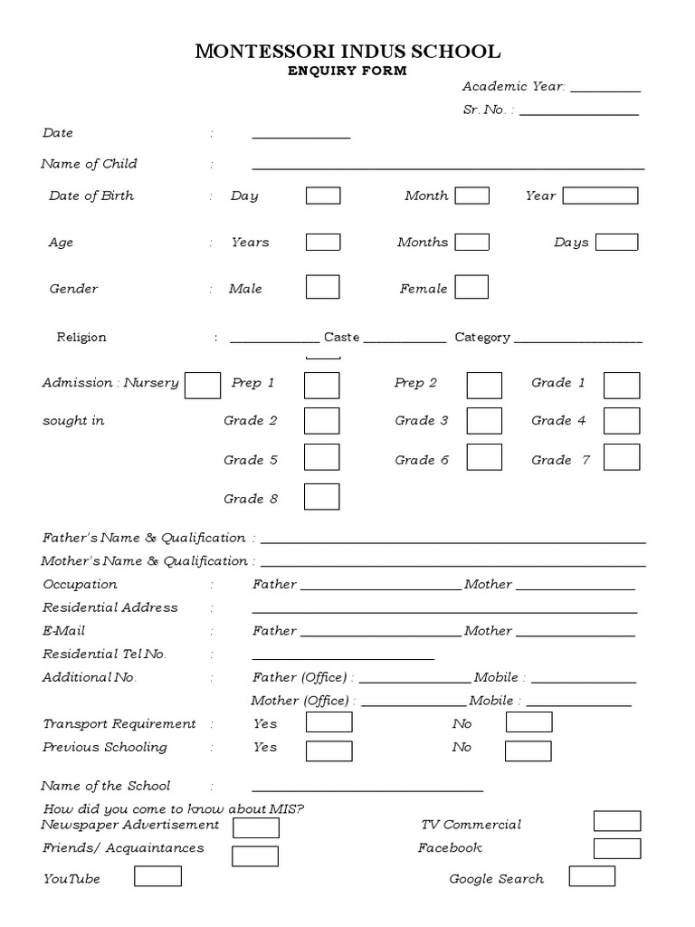 Montessori Indus School: Enquiry Form | Download Free PDF | Internet ...