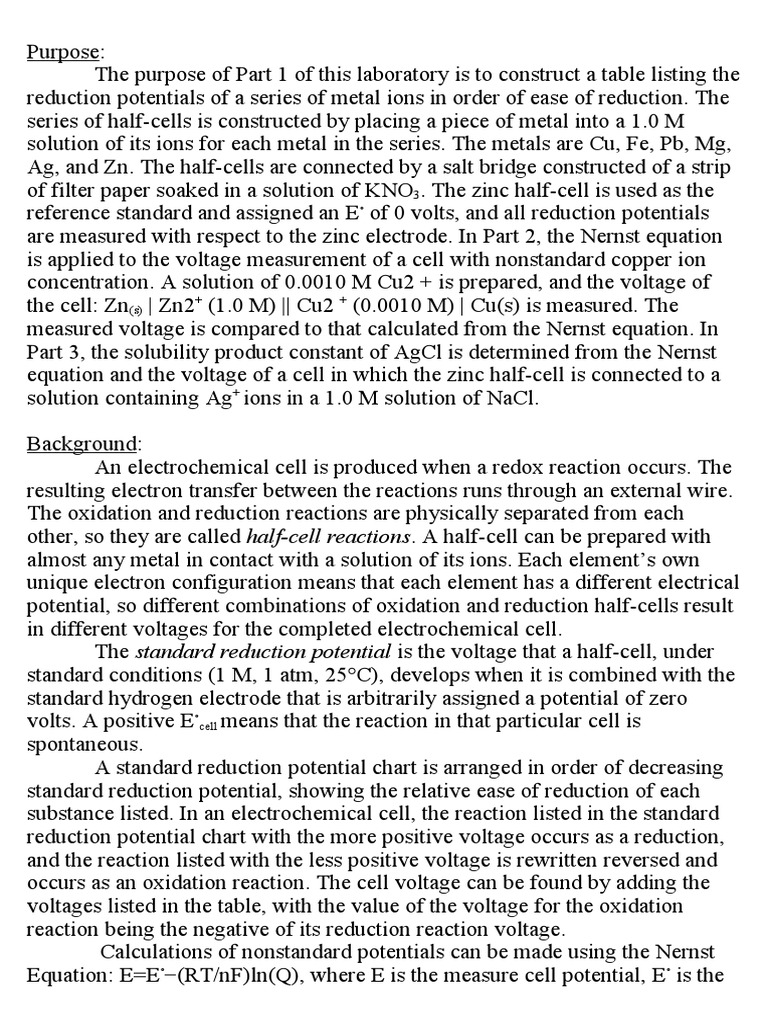 AP Chemistry - Electrochemical Cells Lab | PDF | Redox | Electrochemistry