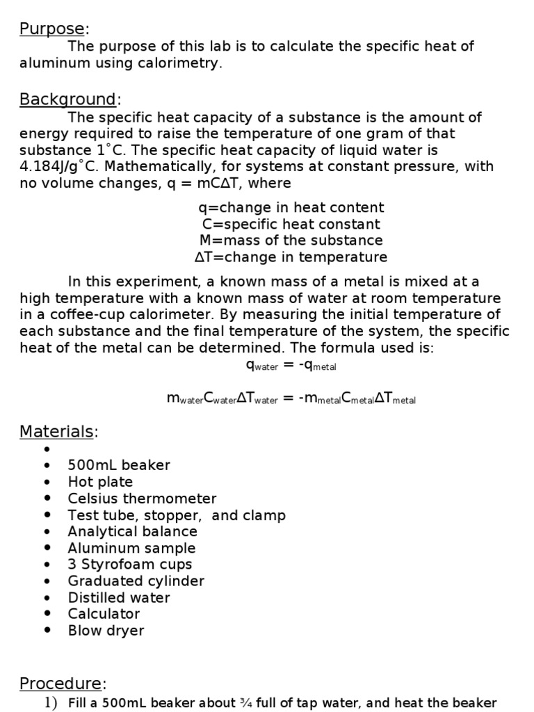 AP Chemistry - Specific Heat of A Metal Lab | PDF | Temperature | Heat