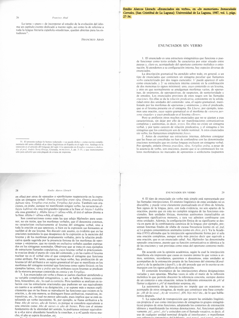 ALARCOS LLORACH, Emilio (1987) - Enunciados Sin Verbo | PDF | Oración ...