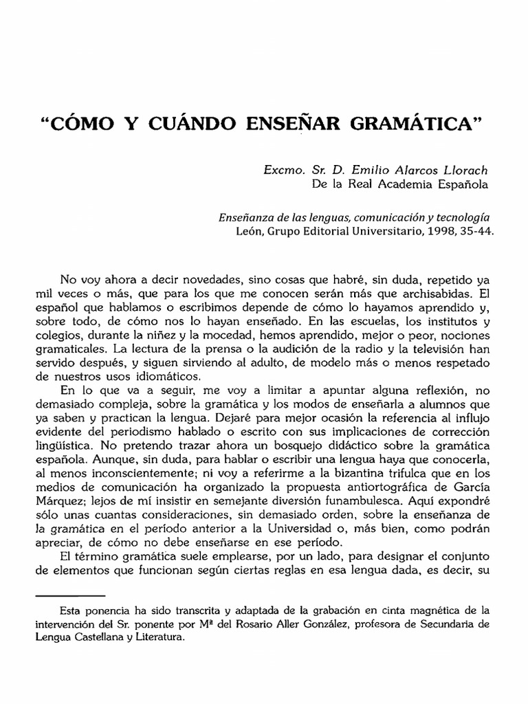 ALARCOS LLORACH, Emilio - Cómo y Cuándo Enseñar Gramática | PDF ...