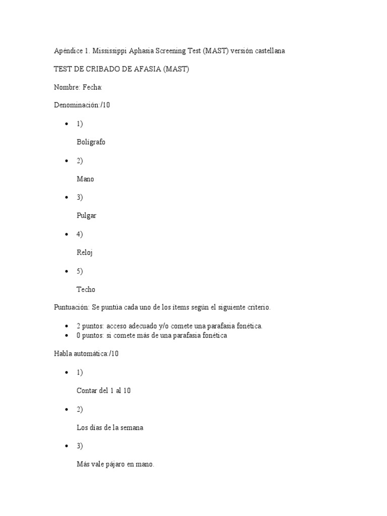 Test de Cribado de Afasia MAST en Español | PDF