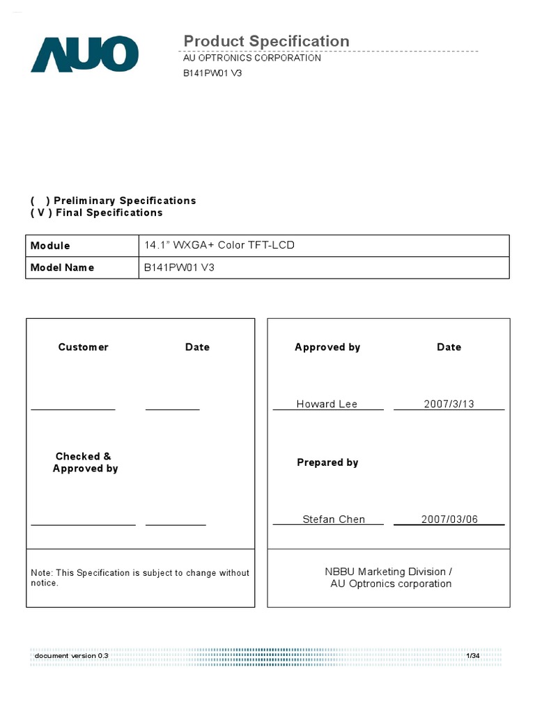 Product Specification: Preliminary Specifications (V) Final ...