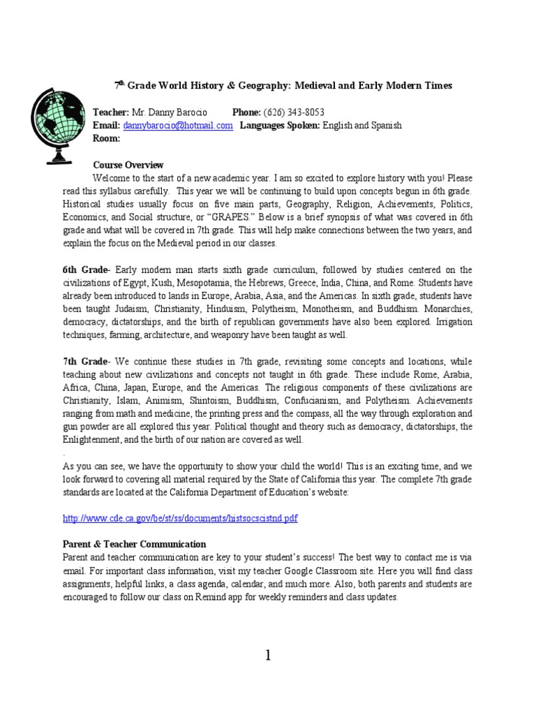 Syllabus-7th Grade World History | PDF | Classroom | Teachers