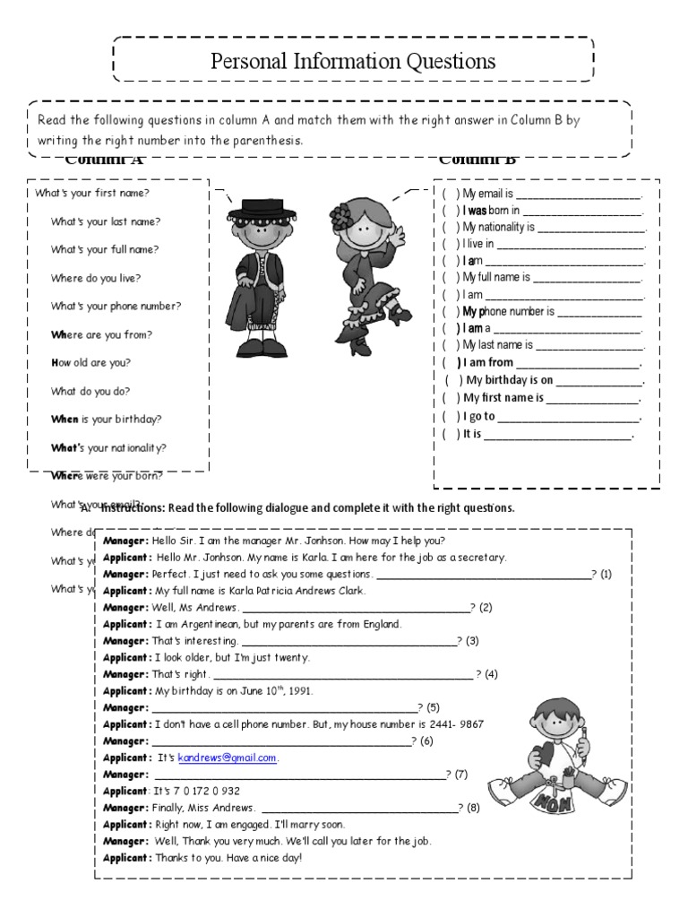 Personal Information Questions: Column A Column B | PDF | Games ...