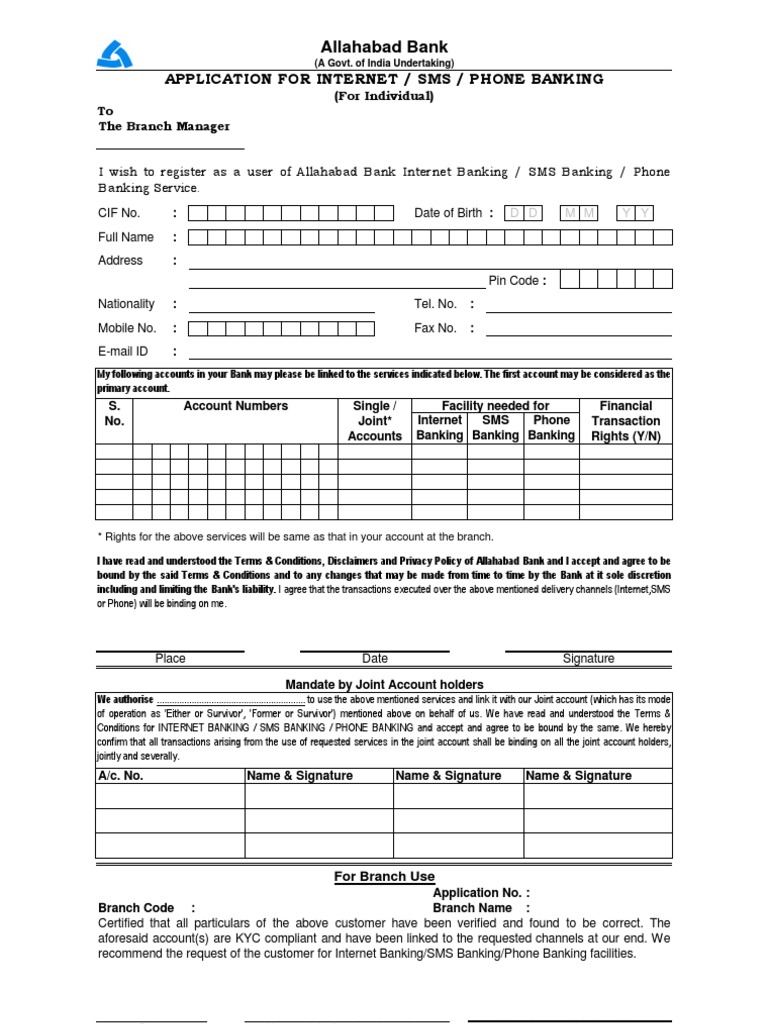 Application For Internet / Sms / Phone Banking: Allahabad Bank | PDF ...