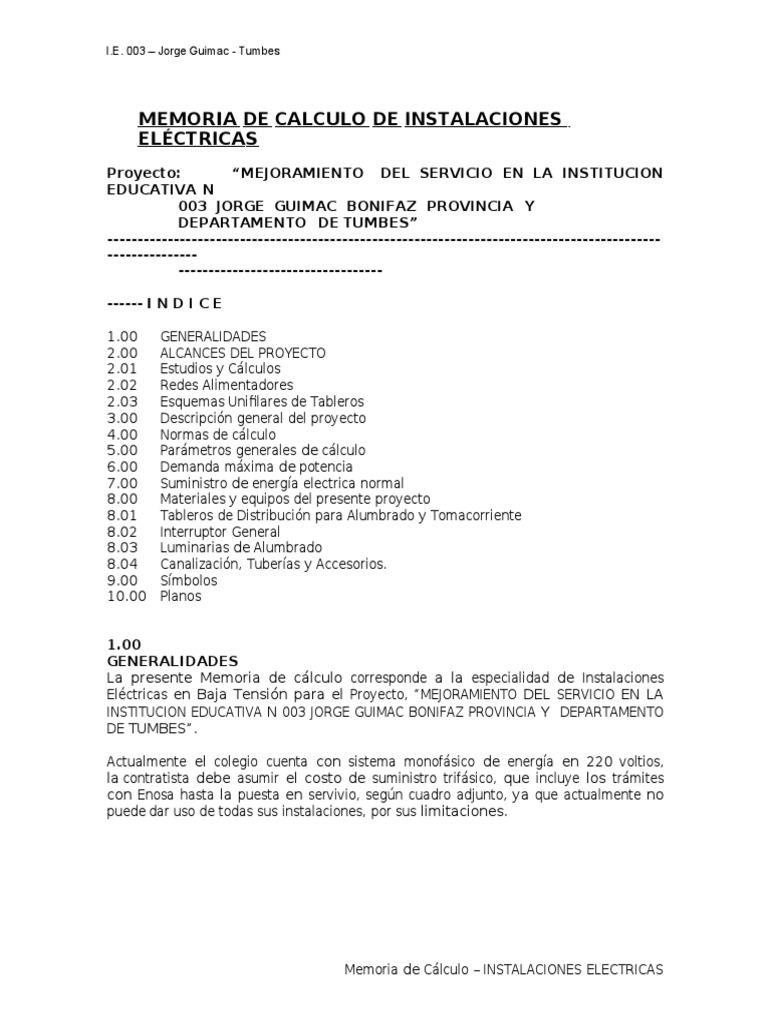 Memoria de Cálculo de Instalaciones Eléctricas para Mejoramiento del Servicio en la Institución ...