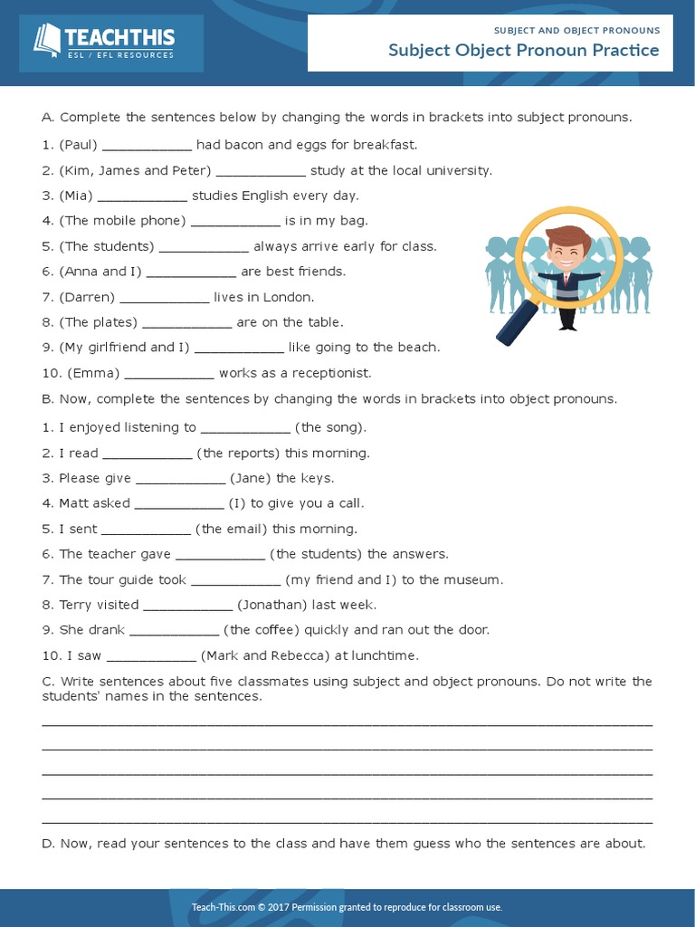 Subject Object Pronoun Practice PDF | PDF