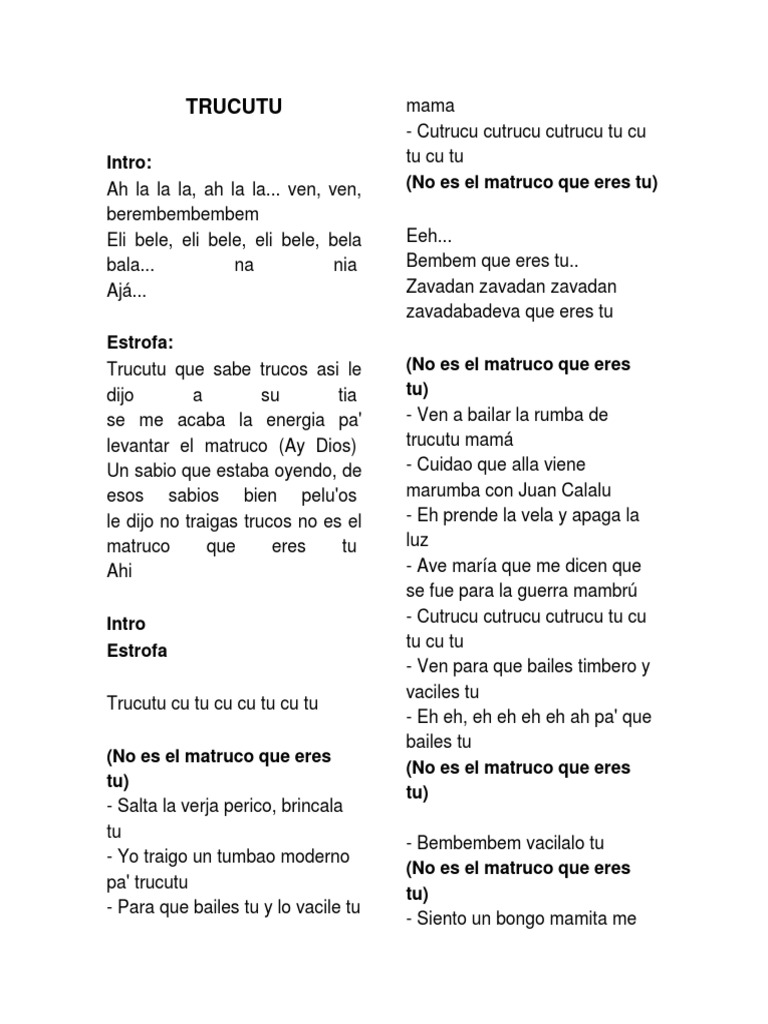 Trucutu: Letra y Ritmo Pegajoso | PDF | Hogar, jardinería y bricolaje ...