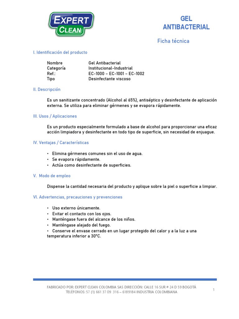 GEL ANTIBACTERIAL INDUSTRIAL Exper Clean | PDF | Etanol | Solubilidad