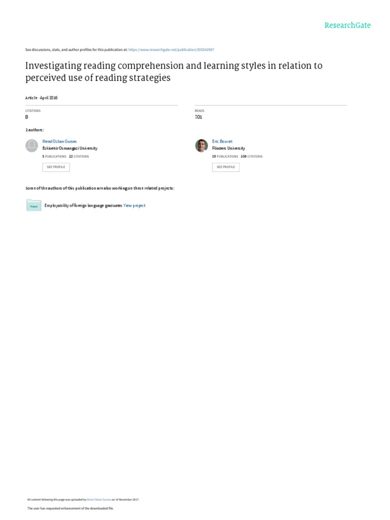 Investigating Reading Comprehension and Learning Styles in Relation To Perceived Use of Reading ...