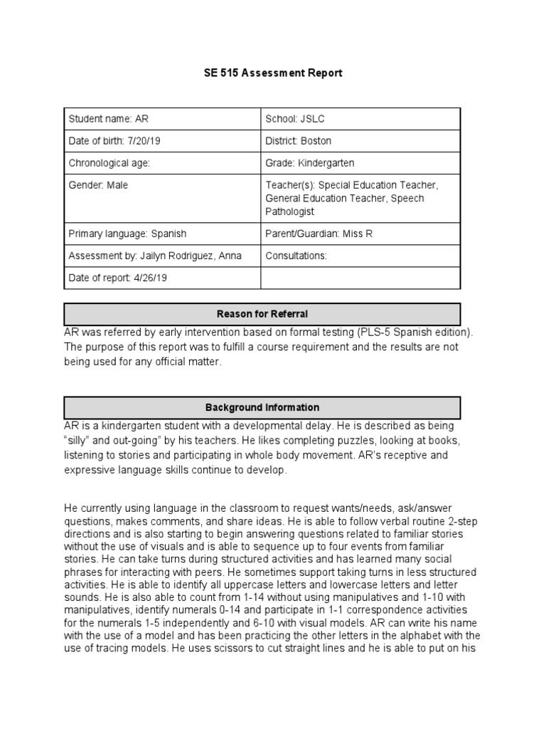 Se 515 Assessment Report | PDF | Reading Comprehension | Educational ...
